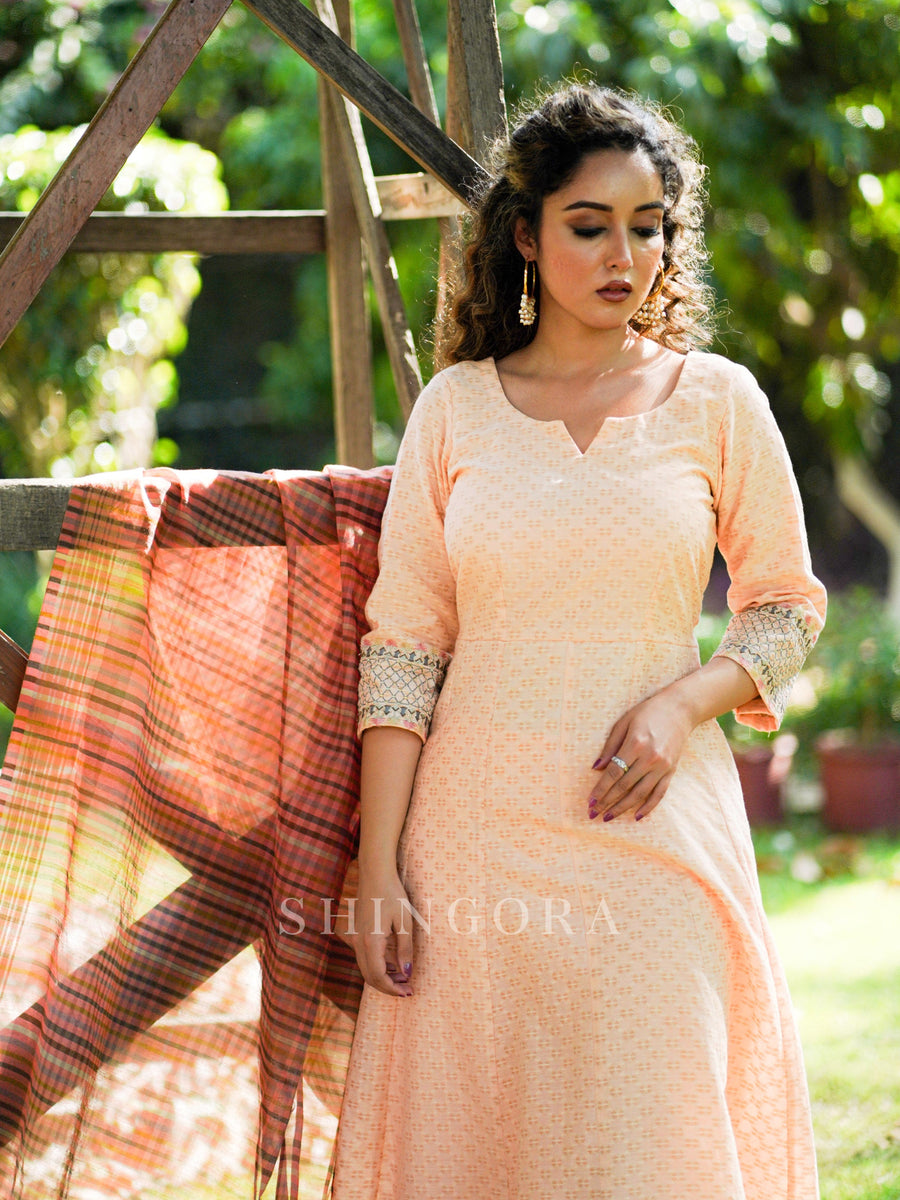 Buy Akaar: Peach Jacquard Embroidered Unstitched Suit with Dupatta ...
