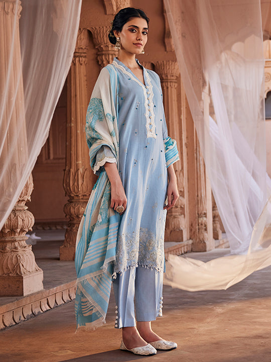 Buy Bunai: Embroiered Design Stitched Suit & Dupatta Set Online | Shingora