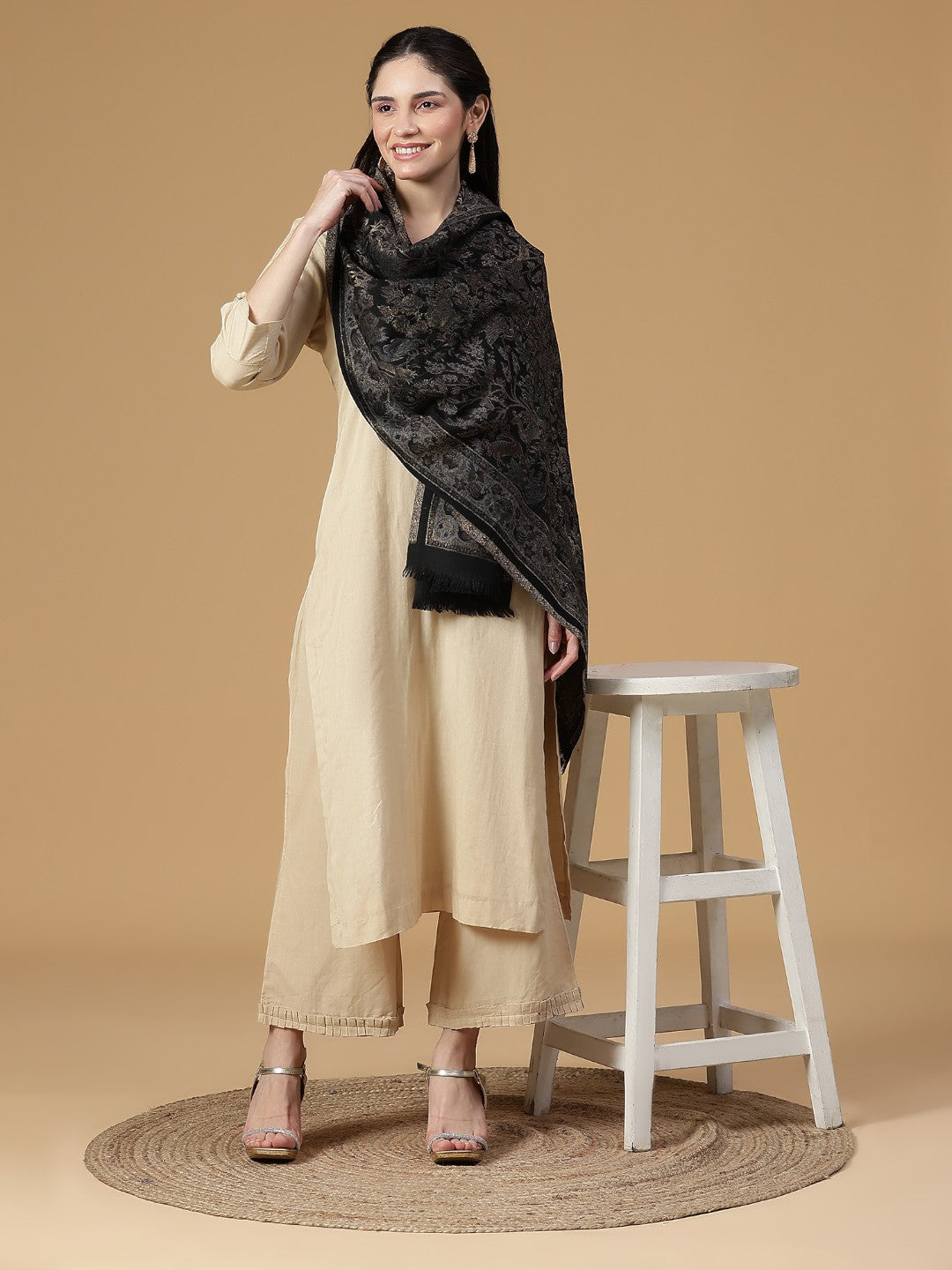 Buy Anyaa Black Woolen Jacquard Shawl Online | Shingora
