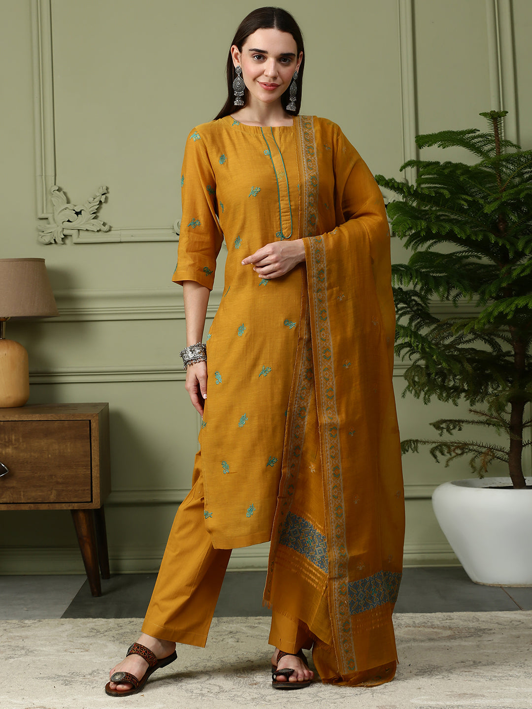 Buy Shingora Mustard Floral Embroidered Stitched Suit Set Online | Shingora