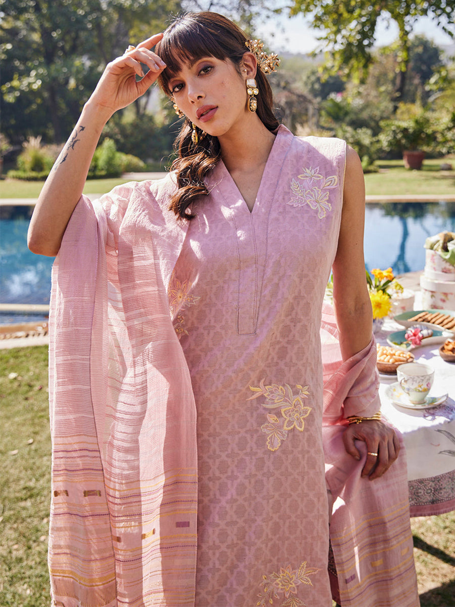 Buy BUNAI:EVELYN Floral Embroidered With Woven Design Unstitched Suit ...