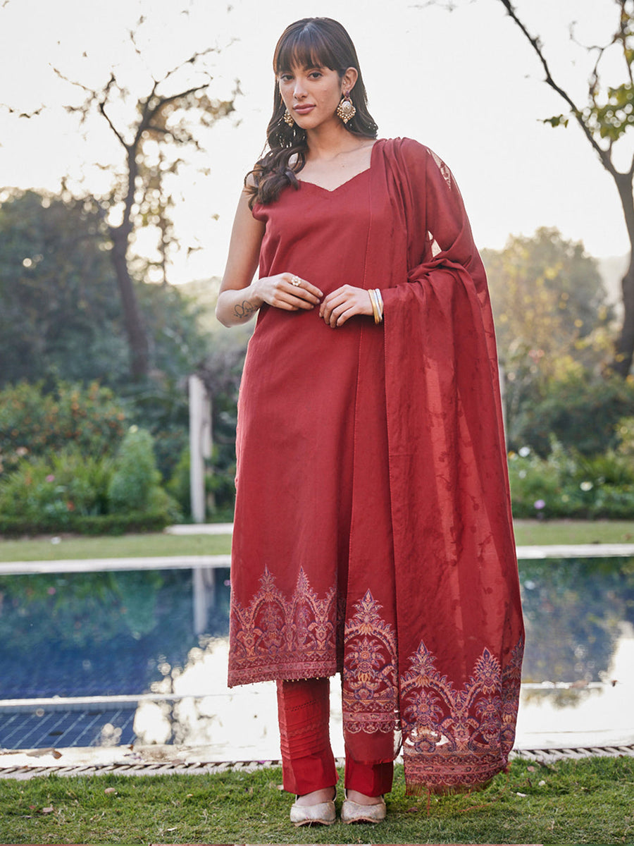 Buy Bunai Dark Maroon Woven Design Unstitched Suit Set Online | Shingora