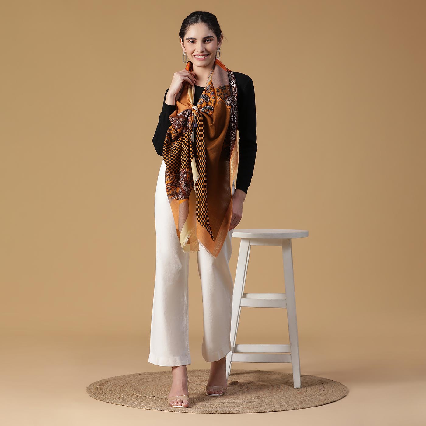 Buy CHARU Wool Blend Orange Printed Stole Online | Shingora