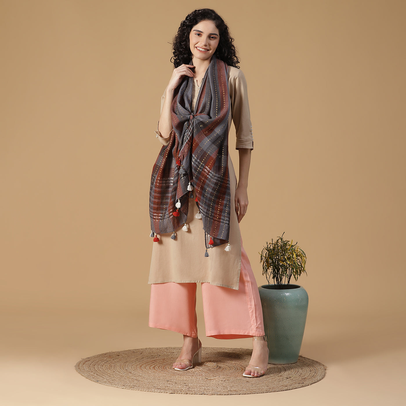 Buy THICK THIN Grey Stripes Printed Stole Online | Shingora