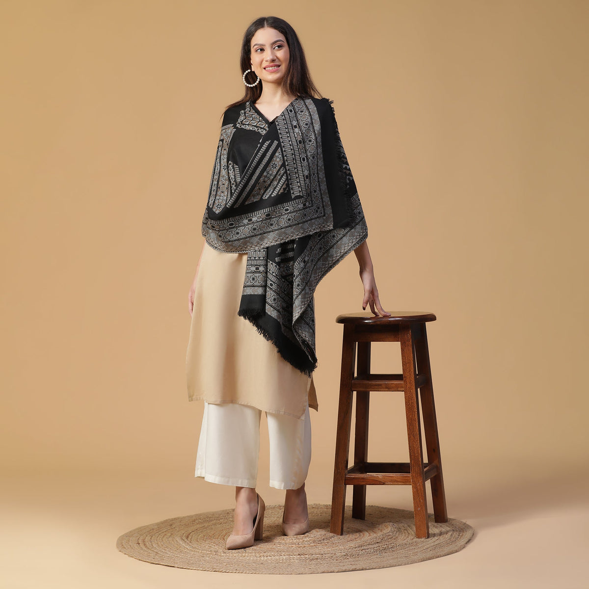 Buy Black Abstract Wool Woven Design Shawl Online | Shingora